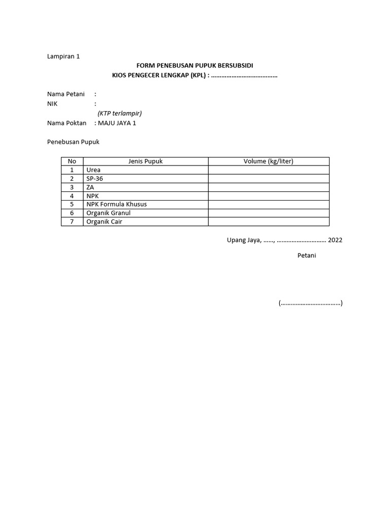 Lampiran 1 Form Penebusan Pupuk Subsidi | PDF