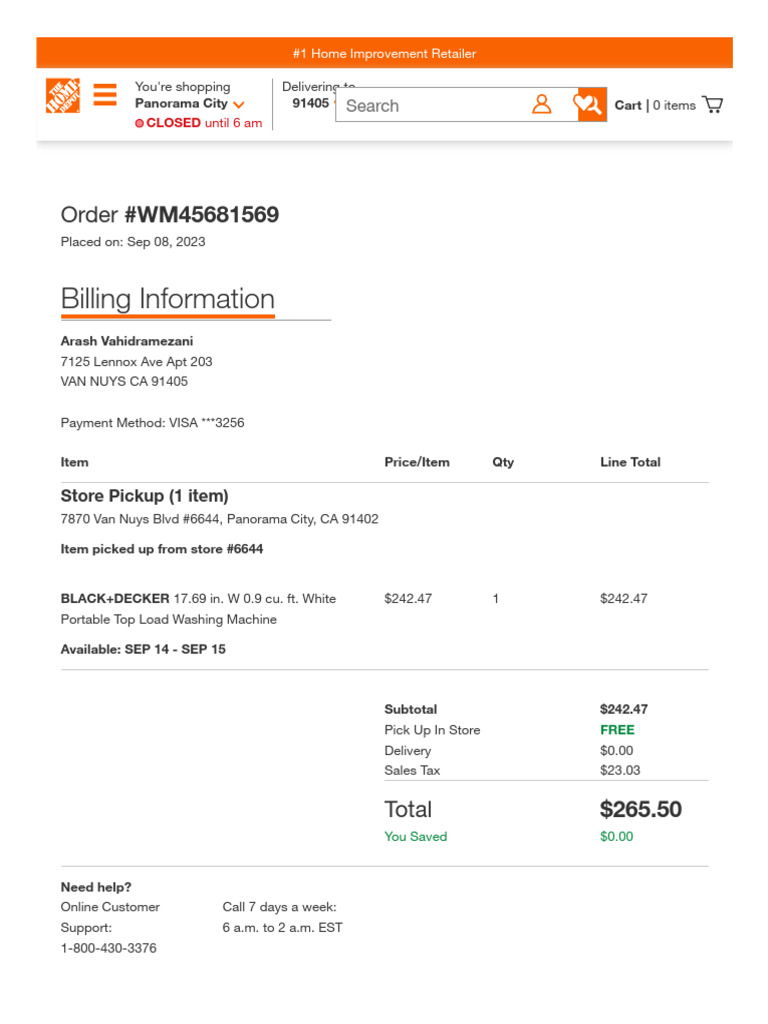 The Home Depot - Order Confirmation Washing Machine | PDF | The Home ...