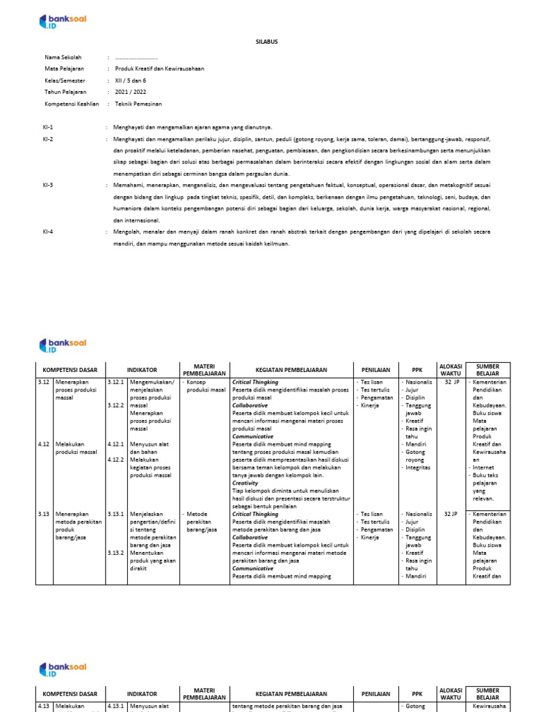 Silabus PKK Kelas 12 Teknik Pemesinan Tahun 2021 2022 | PDF