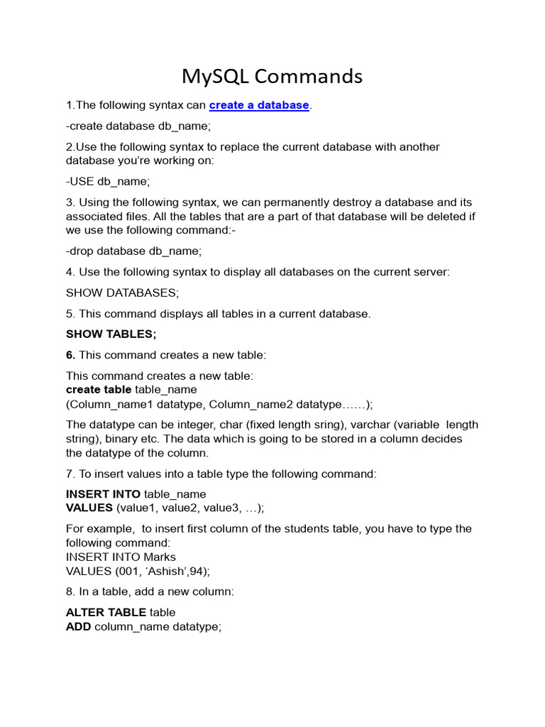 MySQL Commands | PDF | Table (Database) | Data Type