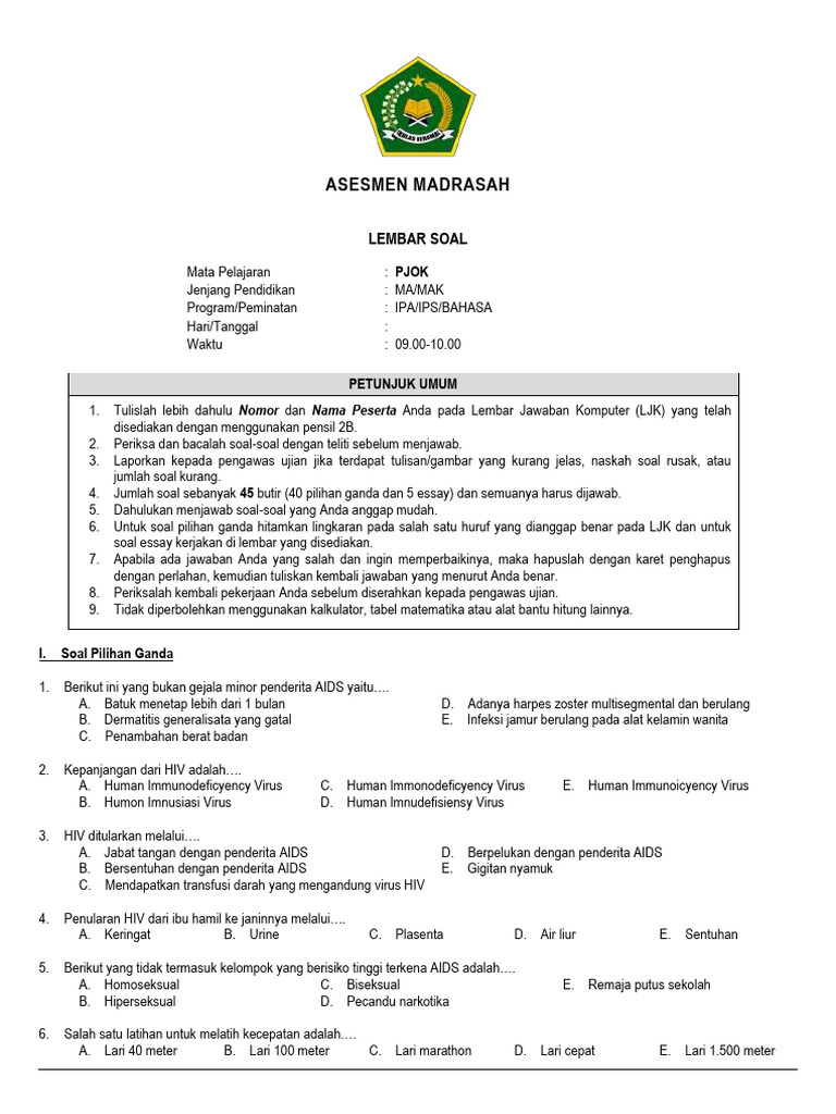 Soal Am Pjok Mts Kls2 Mak | PDF