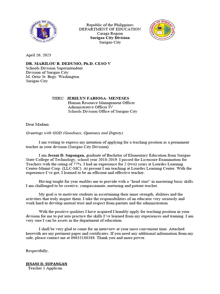 SUPANGAN Intent Letter Reclassification T1 | PDF | Teachers | Cognition