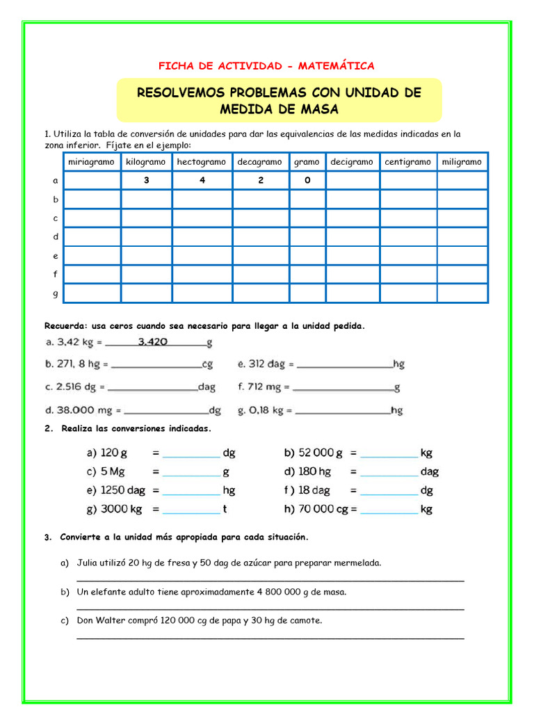 Ficha-Mat-Resolvemos Problemas Con Unidad de Medida de Masa. | PDF