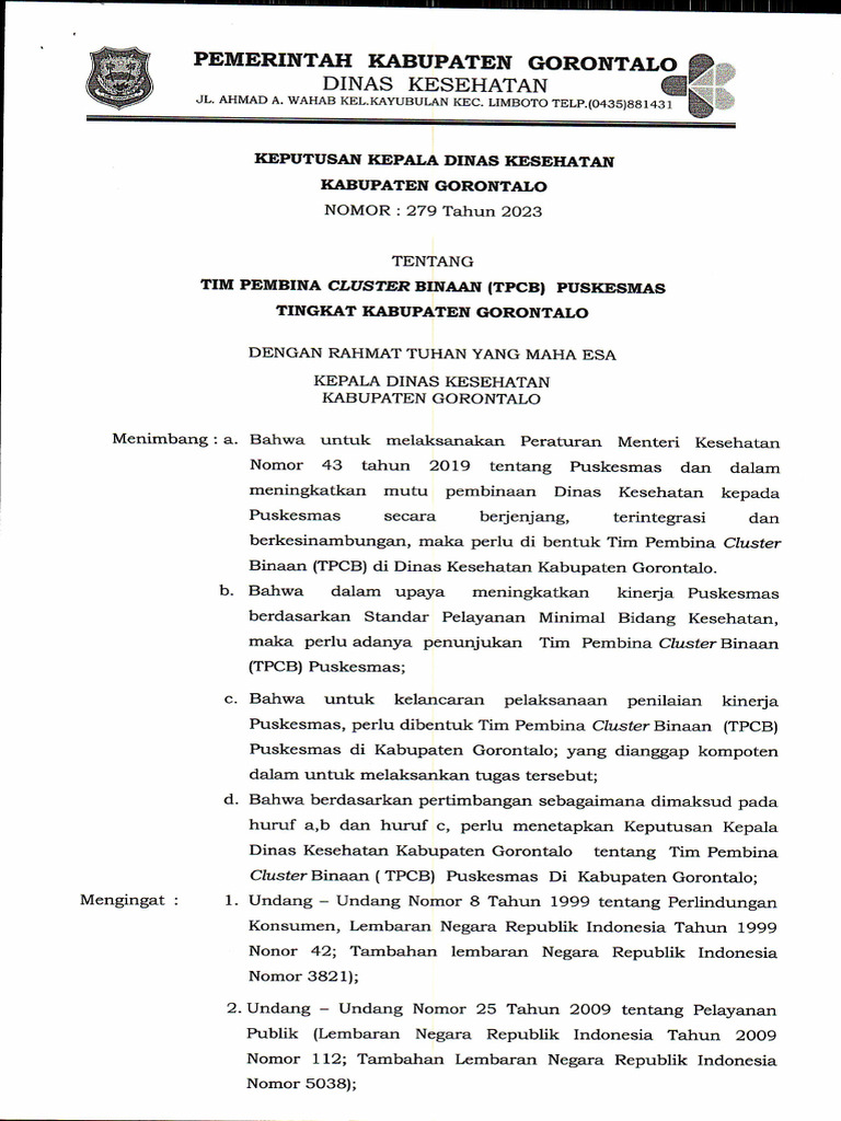 Sk Tim Pembina Cluster Binaan Tpcb Puskesmas Tahun 2023 Pdf