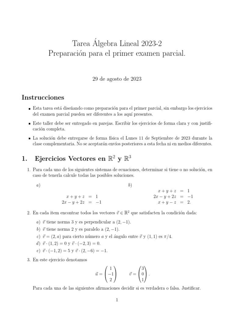 Tarea-Taller 1 | PDF | Vector Euclidiano | Ecuaciones