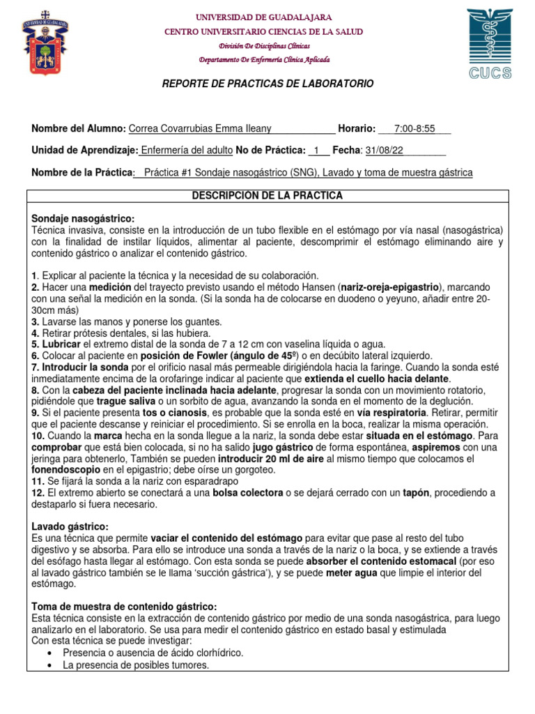 Práctica #1 Sondaje Nasogástrico (SNG), Lavado y Toma de Muestra Gástrica | PDF | Medicina ...