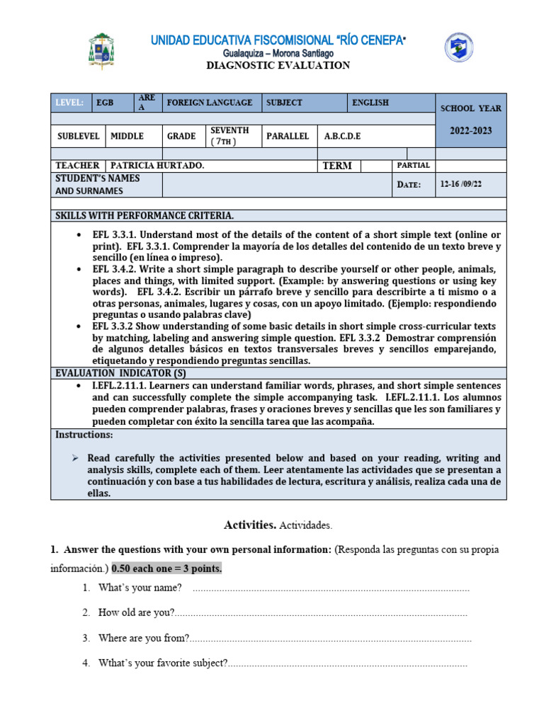 7th Grade EGBM Diagnostic Eval. | PDF