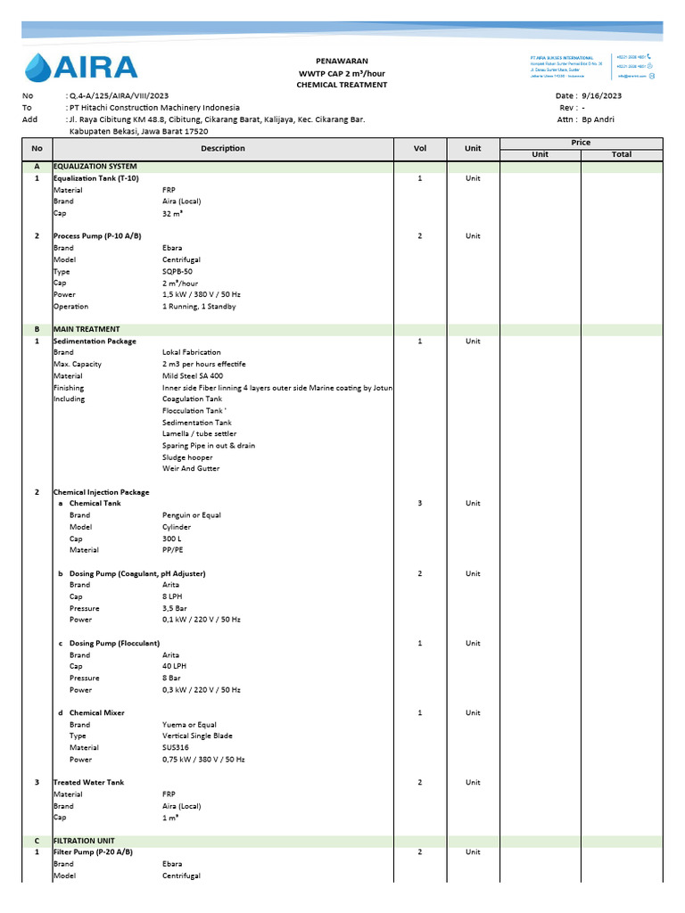 125 - Hitachi Machinery - BOQ WWTP Cap 2 CMPD | PDF | Pump | Valve