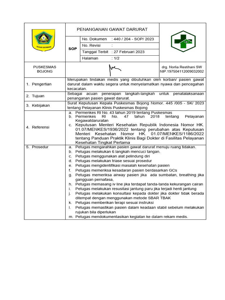 331.a.5. SOP Penanganan Gawat Darurat | PDF
