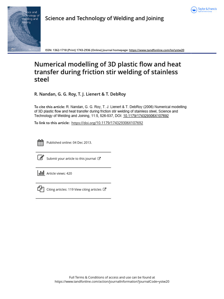 Numerical Modelling Of 3d Plastic Flow And Heat Transfer During Friction Stir Welding Of