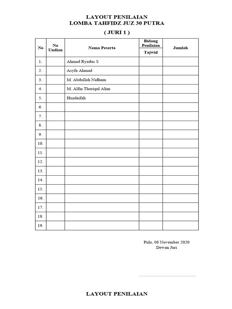 Layout Penilaian Lomba Tahfidz dan Adzan | PDF