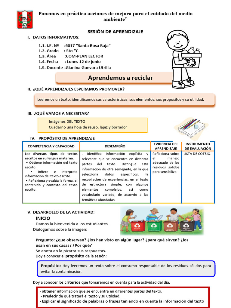 SES - LUN-PLAN LECTOR. Aprendemos A Reciclar | Descargar gratis PDF | Aprendizaje | Ciencias del ...