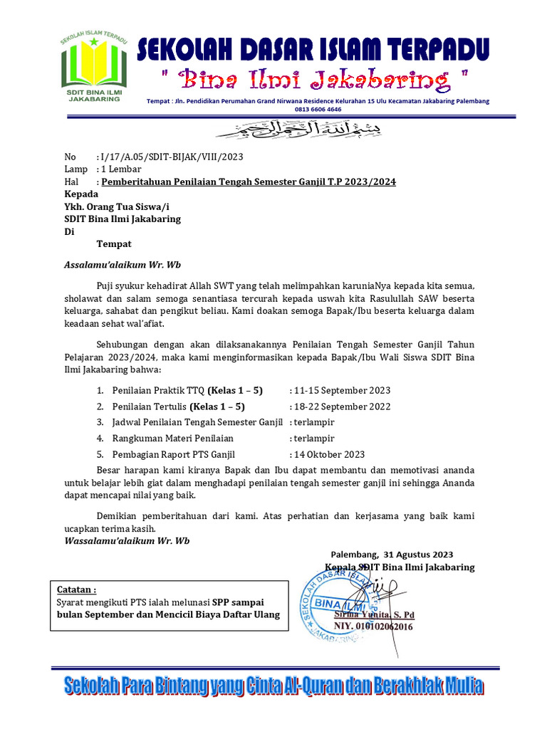 Surat Pemberitahuan PTS Ganjil 23-24 Kelas 1 | PDF