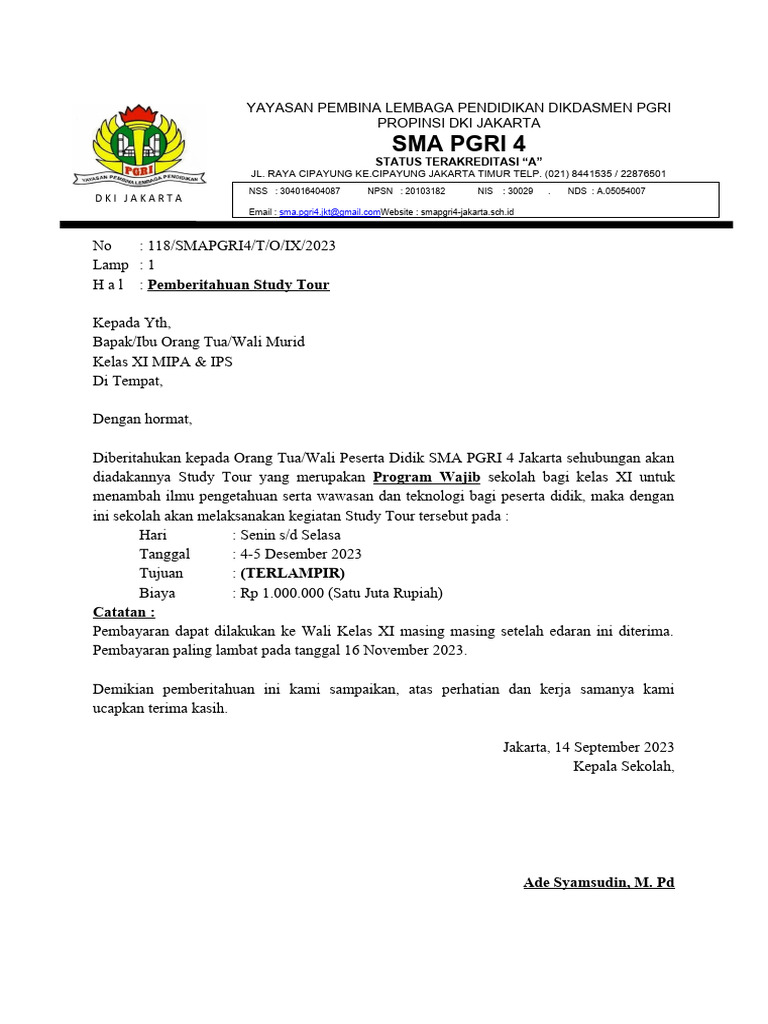 Surat Edaran Study Tour Kelas Xi | PDF