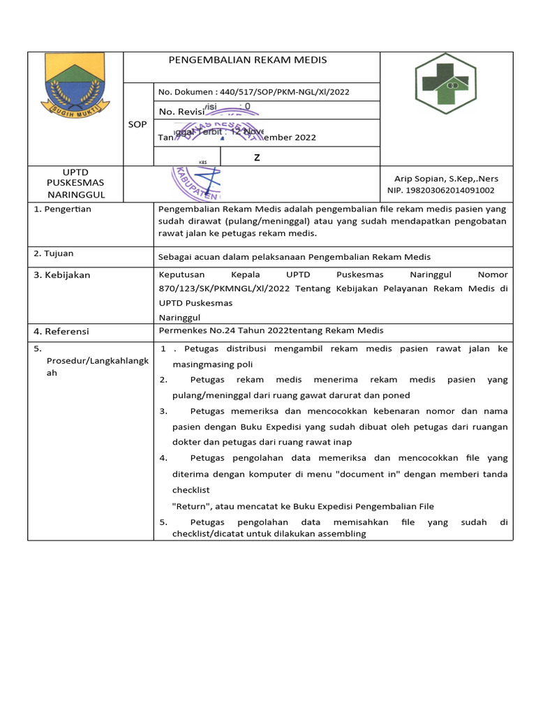 3.8.1 Sop Pengembalian Rekam Medis | PDF