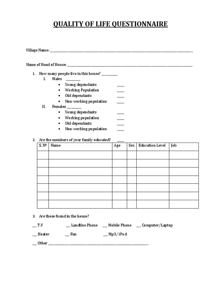 Quality of Life Questionnaire Survey | PDF