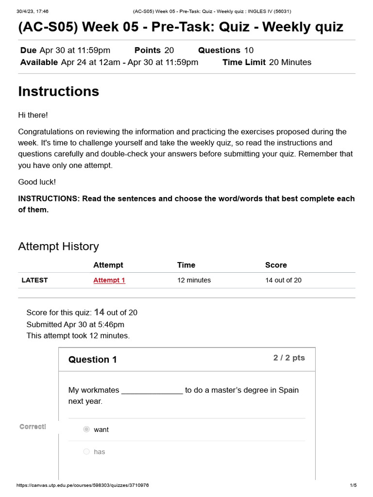 (AC-S05) Week 05 - Pre-Task - Quiz - Weekly Quiz - INGLES IV | PDF ...