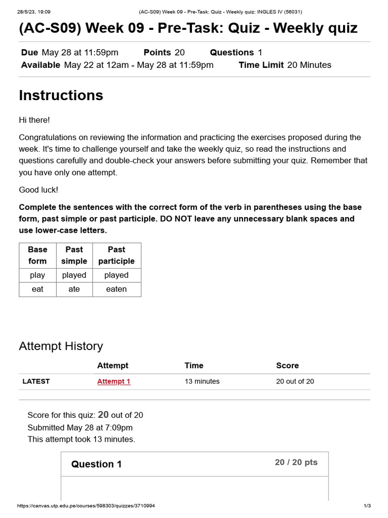 (AC-S09) Week 09 - Pre-Task - Quiz - Weekly Quiz - INGLES IV (56031) | PDF