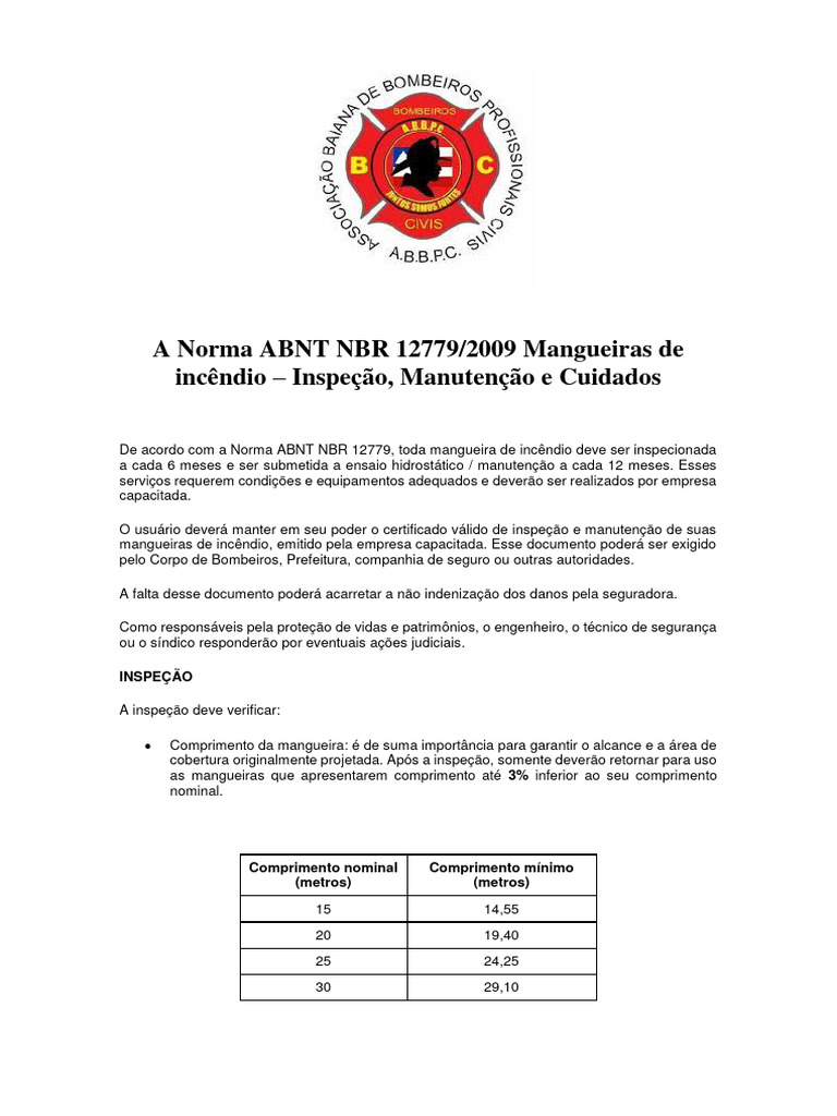 A Norma ABNT NBR 12779 Mangueiras de Incêndio | PDF