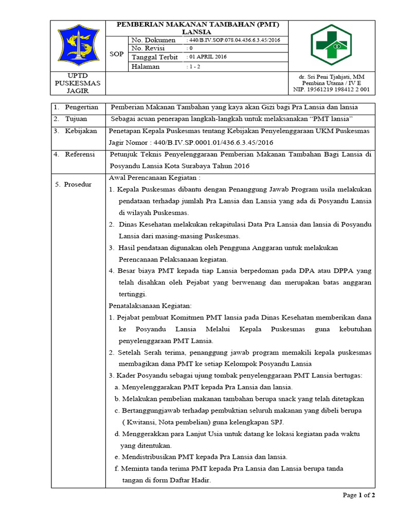 Sop Pemberian PMT Lansia | PDF