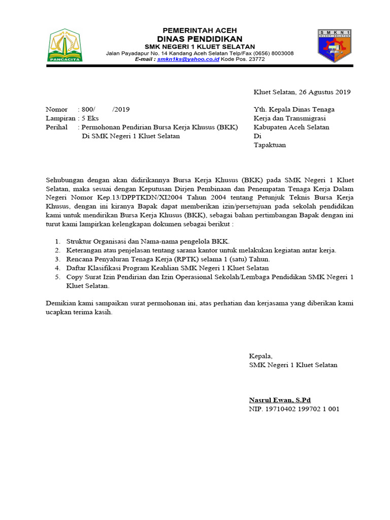 Pendirian Bkk Smk N 1 Kluet Selatan Pdf