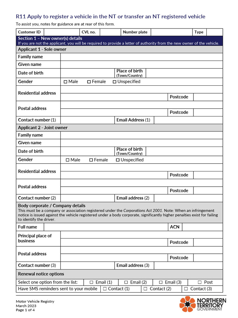 NT Vehicle Registration and Transfer Form | PDF