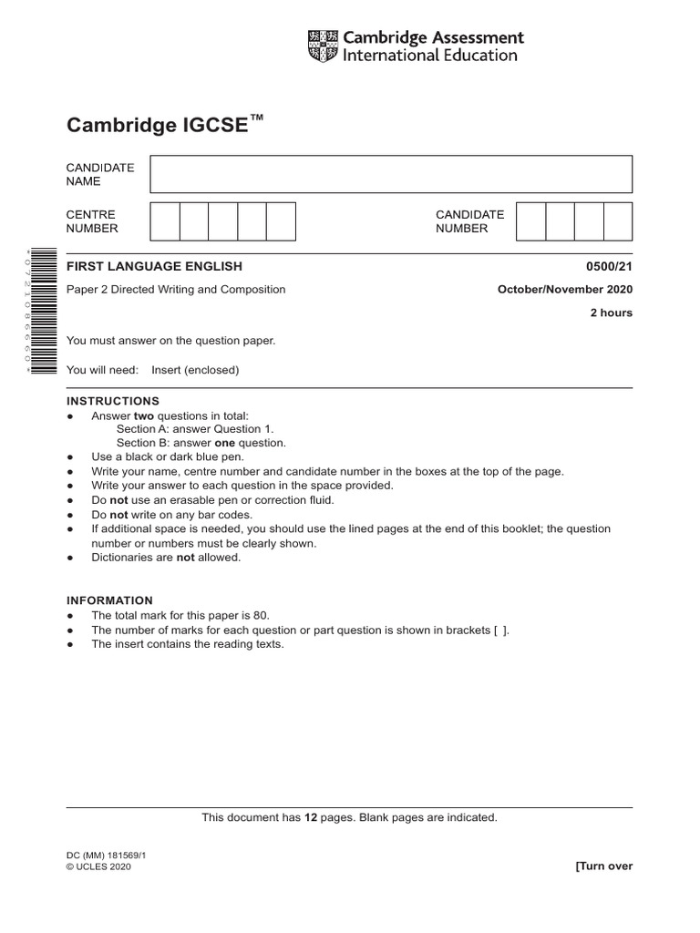 Cambridge IGCSE: First Language English 0500/21 | PDF