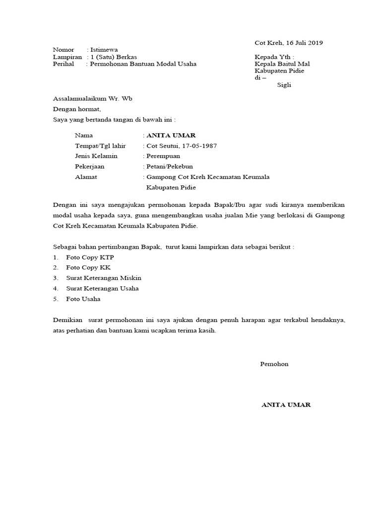 Proposal Modal Usaha Baitul Mal Anita Umar Umar Cot Kreh Agt 2019 | PDF