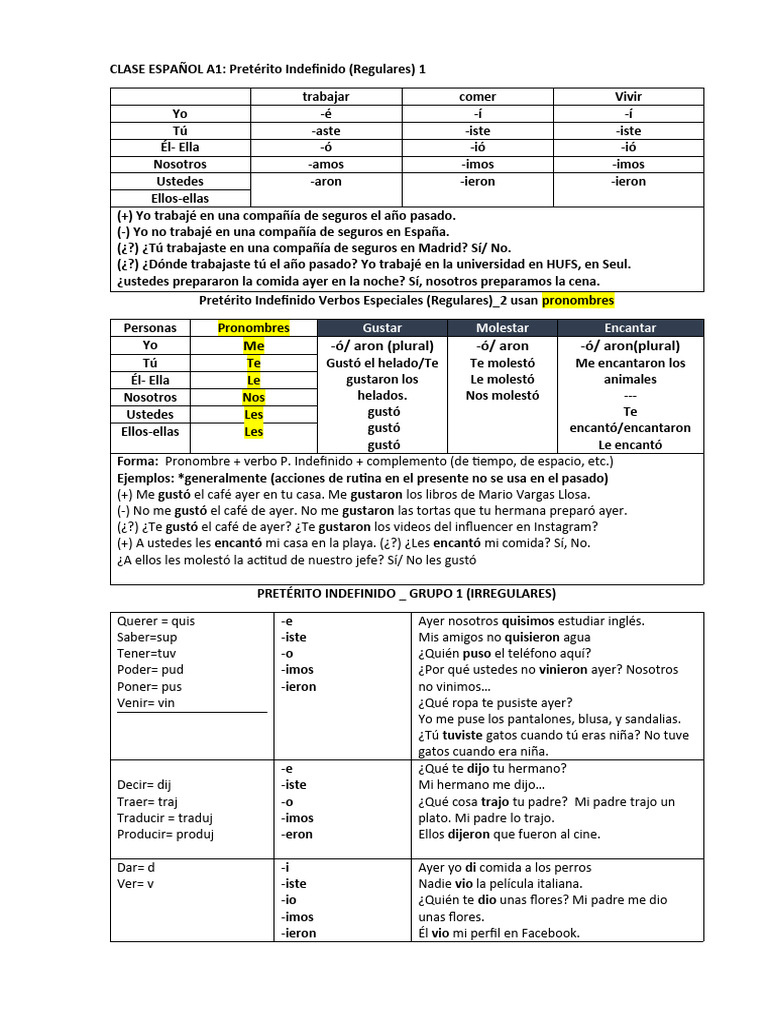 Pretérito Indefinido Español A1 | PDF | Verbo | Plural