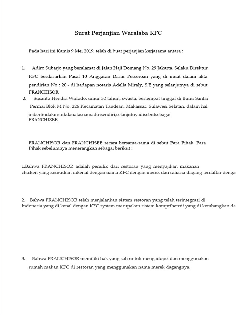 Surat Perjanjian Waralaba KFC | PDF