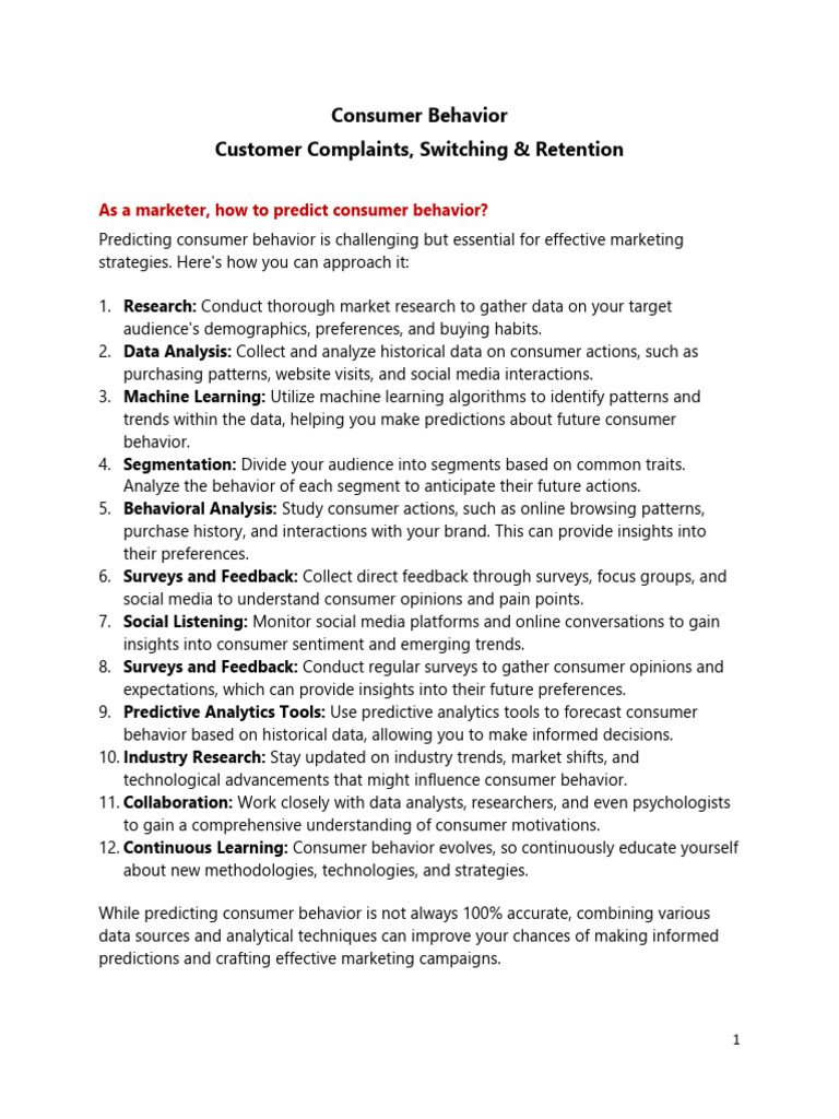 Customer Complaints, Switching & Retention | PDF | Consumer Behaviour ...