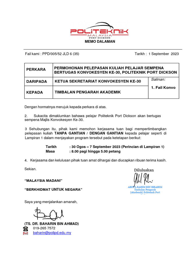Memo Pelepasan Kuliah Pelajar Bersama Lampiran Pelajar - Pindaan 1 | PDF