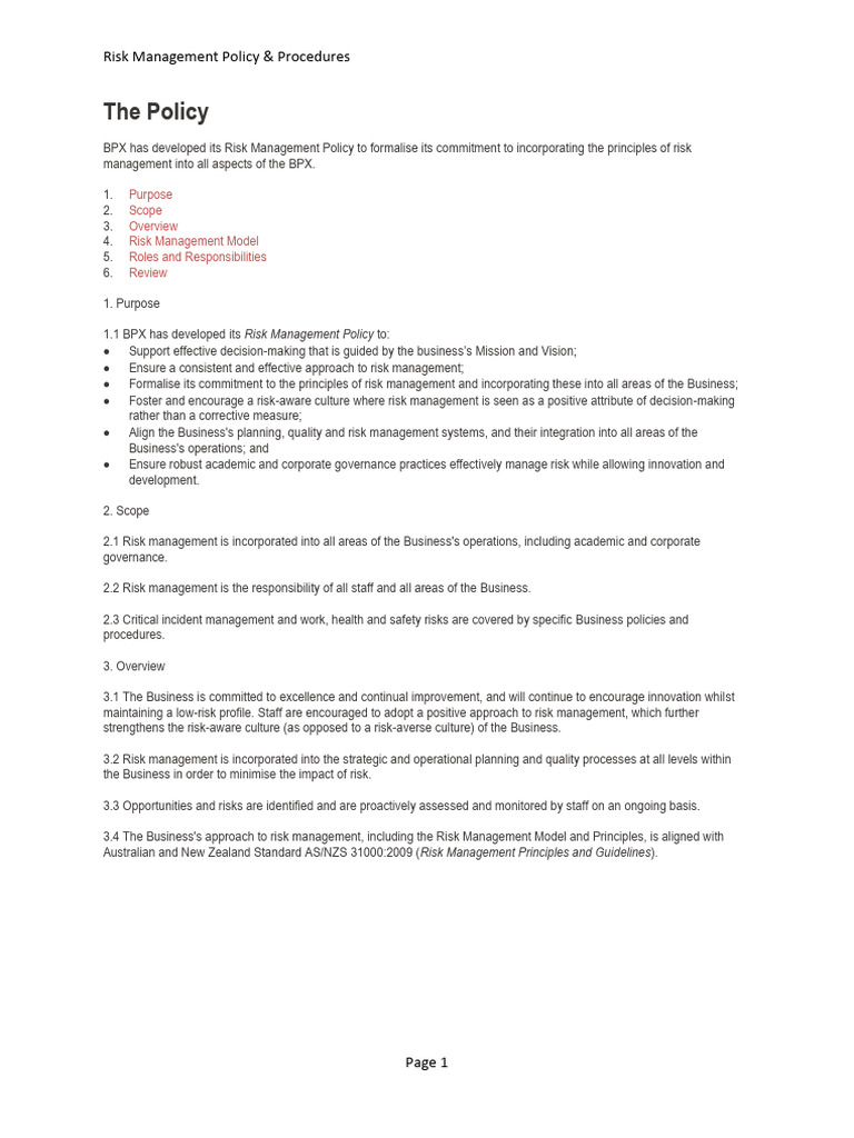 Risk Management Policy Overview | PDF | Risk | Risk Management
