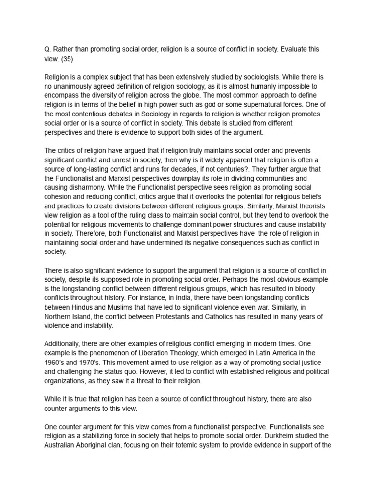 Religion A Source of Social Conflict or Social Order - (35 Marker ...