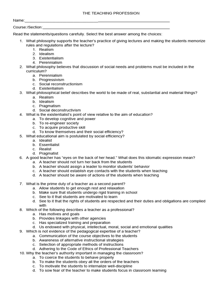 The Teaching Profession Quiz 1 | PDF | Teachers | Pragmatism