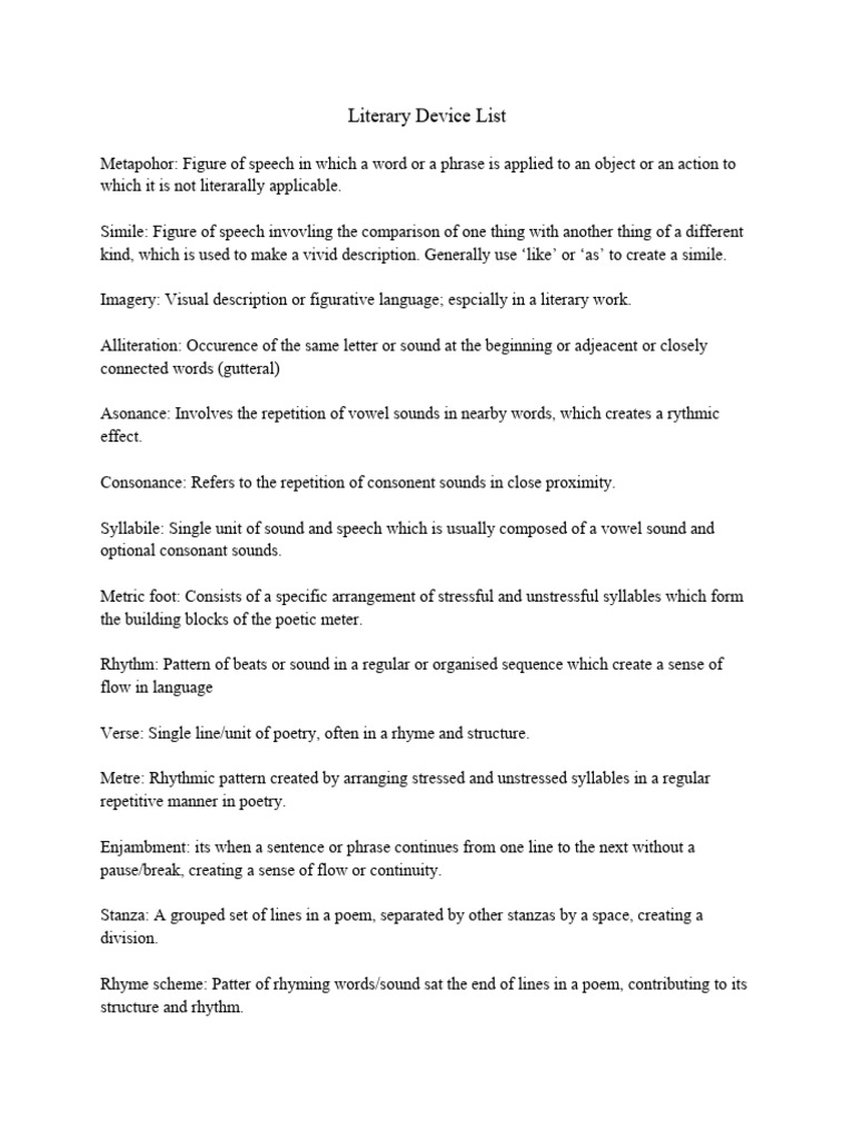 Comprehensive Literary Devices List | PDF | Poetry | Metre (Poetry)