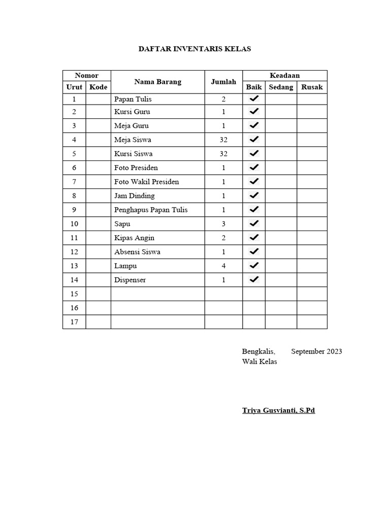 Daftar Inventaris Kelas Format Terbaru | PDF