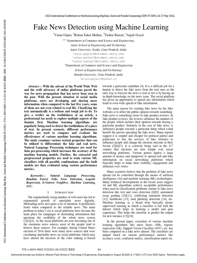 Fake News Detection Using Machine Learning Pdf Machine Learning Statistical Classification
