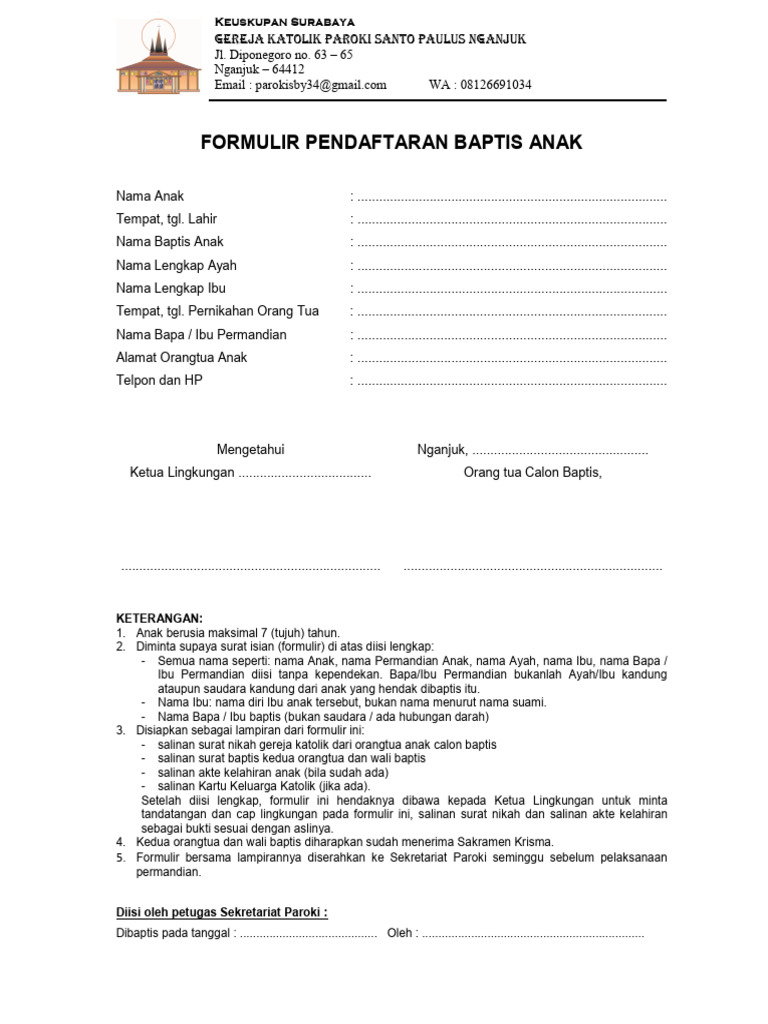Formulir Baptis Anak Paroki Nganjuk | PDF