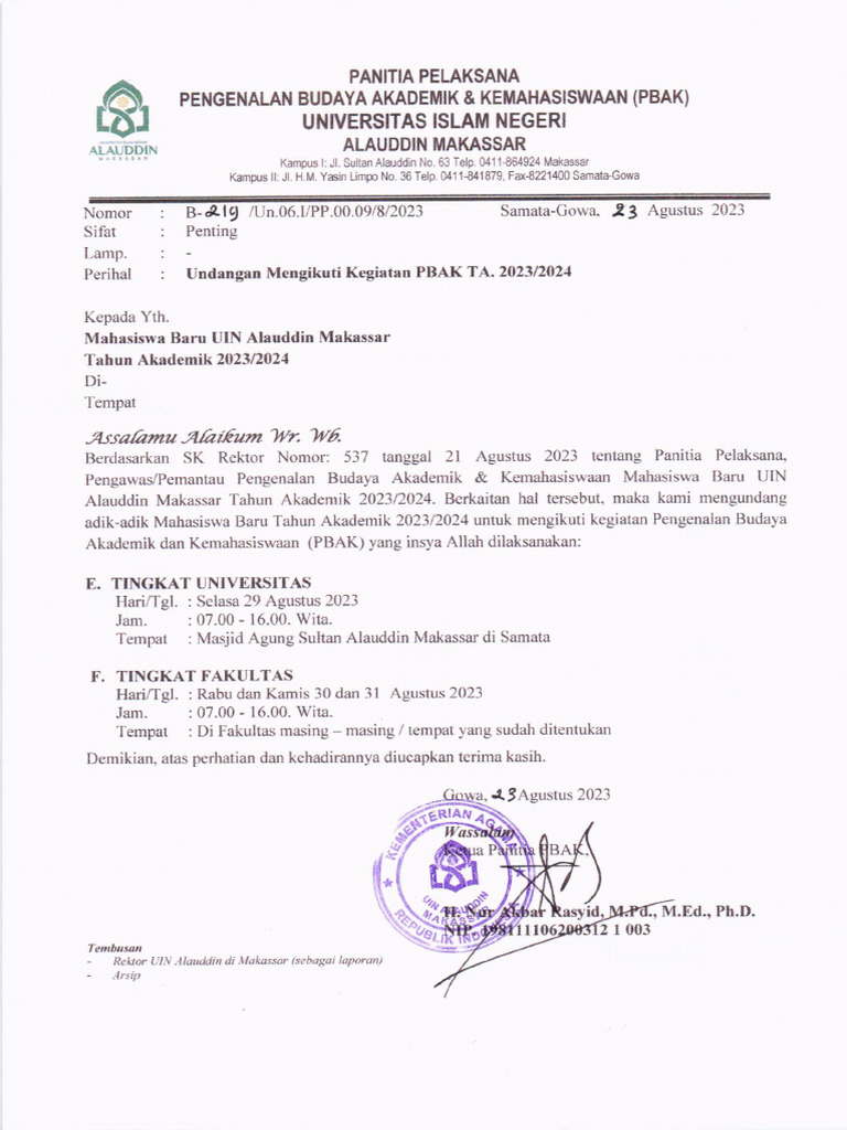 Undangan Mengikuti Kegiatan Pbak Uin Alauddin Makassar Tahun 2023 | PDF
