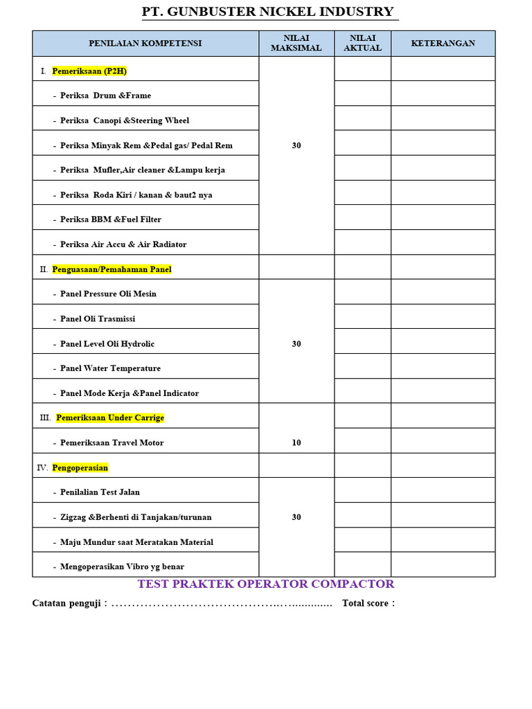 Test Praktek Operator Compactor | PDF