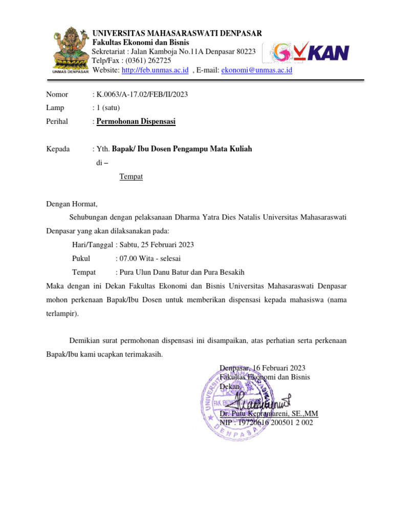 Surat Dispensasi | PDF