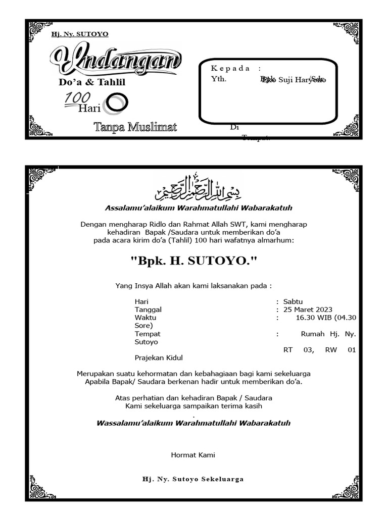 Undangan Tahlil 100 Hari Sutoyo | PDF