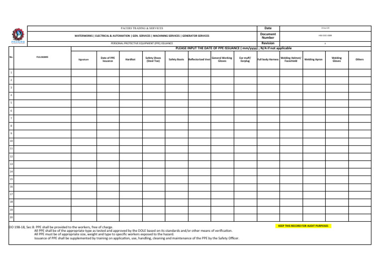 PPE Issuance Monitoring Sheet | PDF | Personal Protective Equipment ...