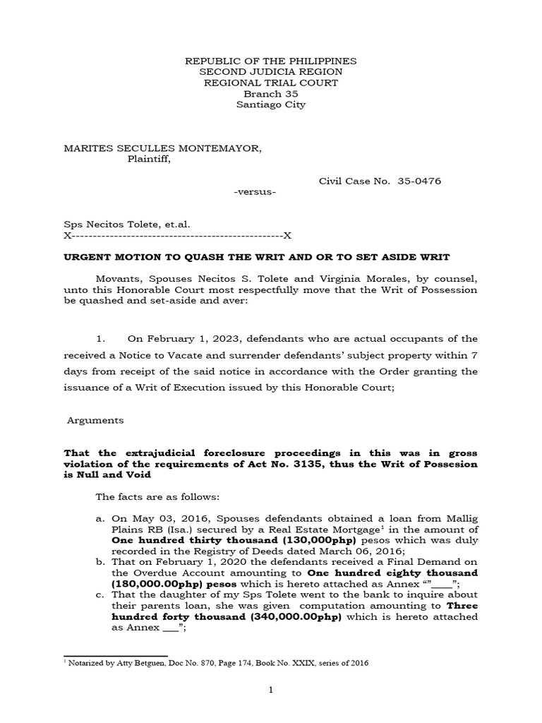 Motion To Quash Writ | PDF | Foreclosure | Judgment (Law)