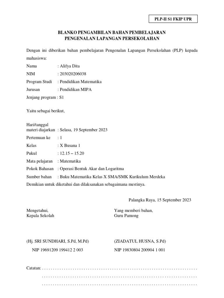 Blanko Pengambilan Materi PLP II | PDF