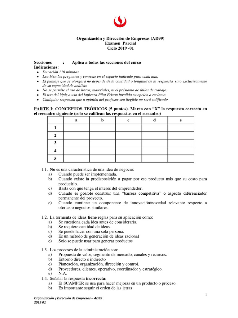 AD99 - EA - ORGANIZACIÓN Y DIRECCIÓN DE EMPRESAS - 2019-01 Examen ...
