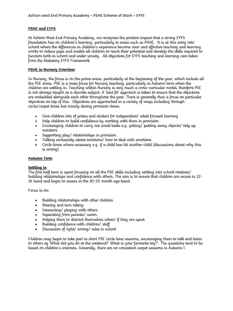 PSHE in EYFS | PDF