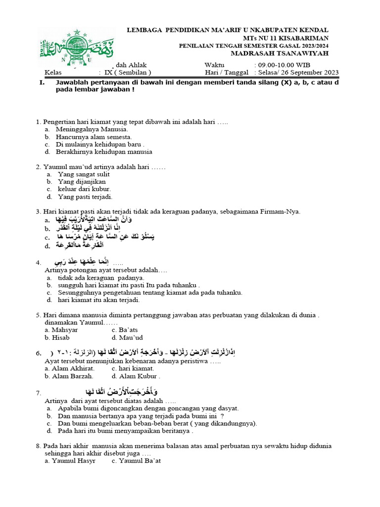 Soal PTS Ganjil AQIDAH 9 2023 | PDF