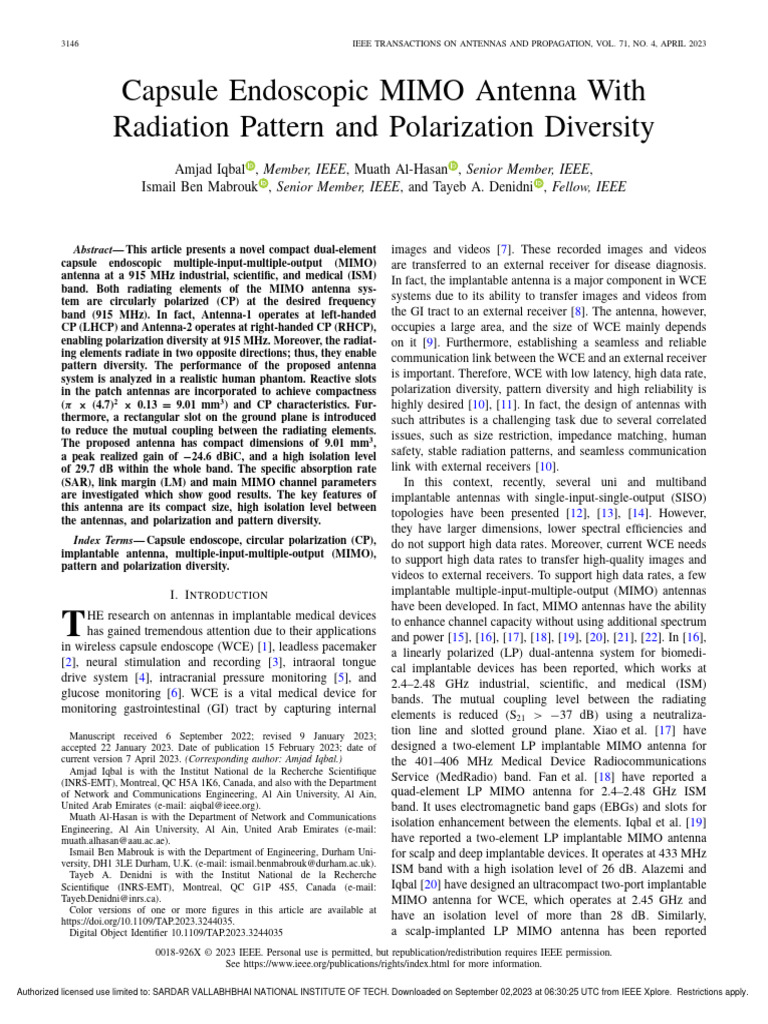 Capsule Endoscopic MIMO Antenna With Radiation Pattern and Polarization ...